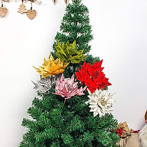 RSTYS Artificial Christmas Flowers, 6Pcs Artificial Glitter Poinsettia Floral Silk Fake Poinsettia Floral Christmas Tree Decoration for Porch Garden Christmas Tree Festival Home Decor, Pink, Medium