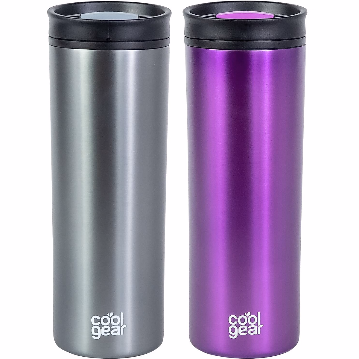 COOL GEAR 2 Pack 16 oz Amelia Coffee Travel Mug with Spill Resistant Slider Lid - Smoke/Purple