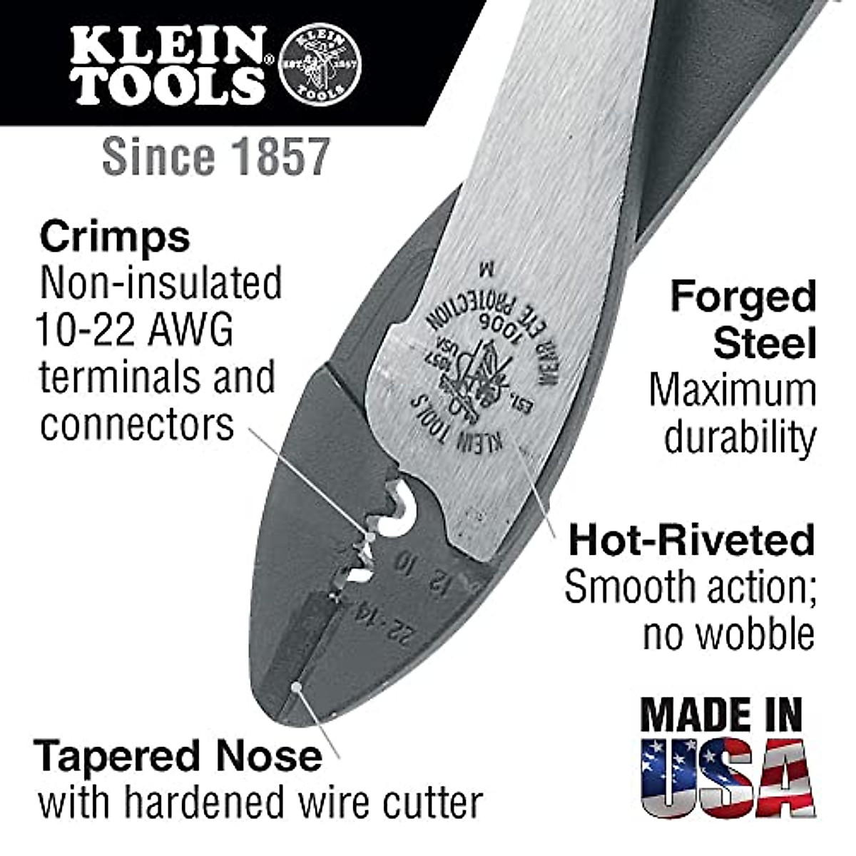 Klein Tools 1006 Cutting / Crimping Tool, Crimps 10 to 22 AWG Solderless Terminals and Connectors, with Wire Cutter in Tapered Nose