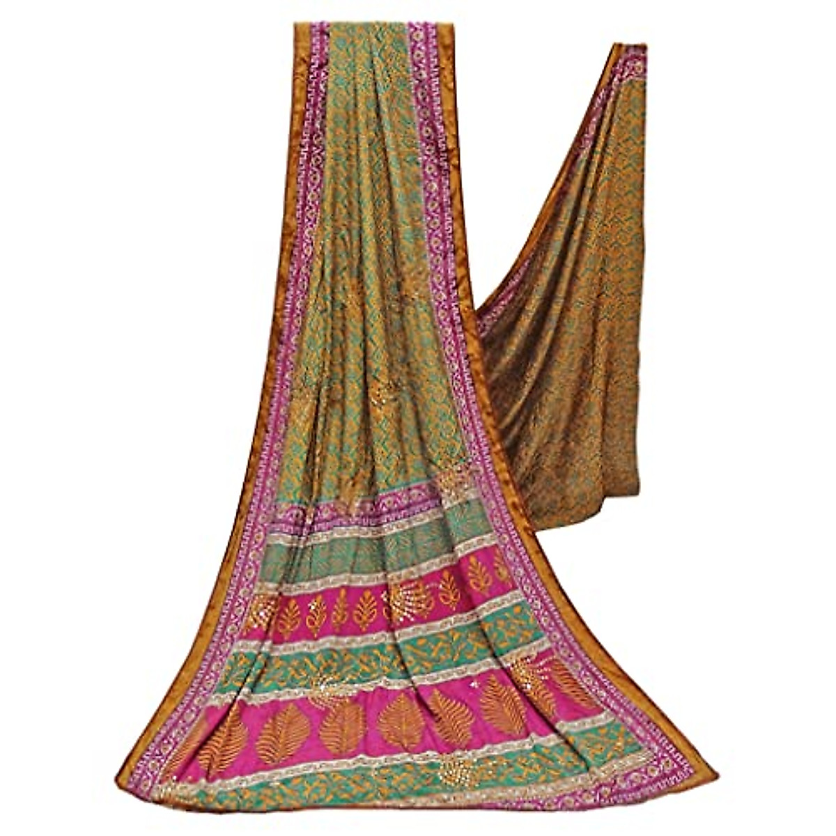 Peegli Women's Vintage Orange Floral Saree Indian Fabric DIY Crepe Silk 5 Yards Sari