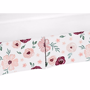 Sweet Jojo Designs Burgundy and Pink Watercolor Floral Girl Baby Crib Bed Skirt Nursery Dust Ruffle - Blush, Maroon, Wine, Rose, Green and White Shabby Chic Flower Farmhouse