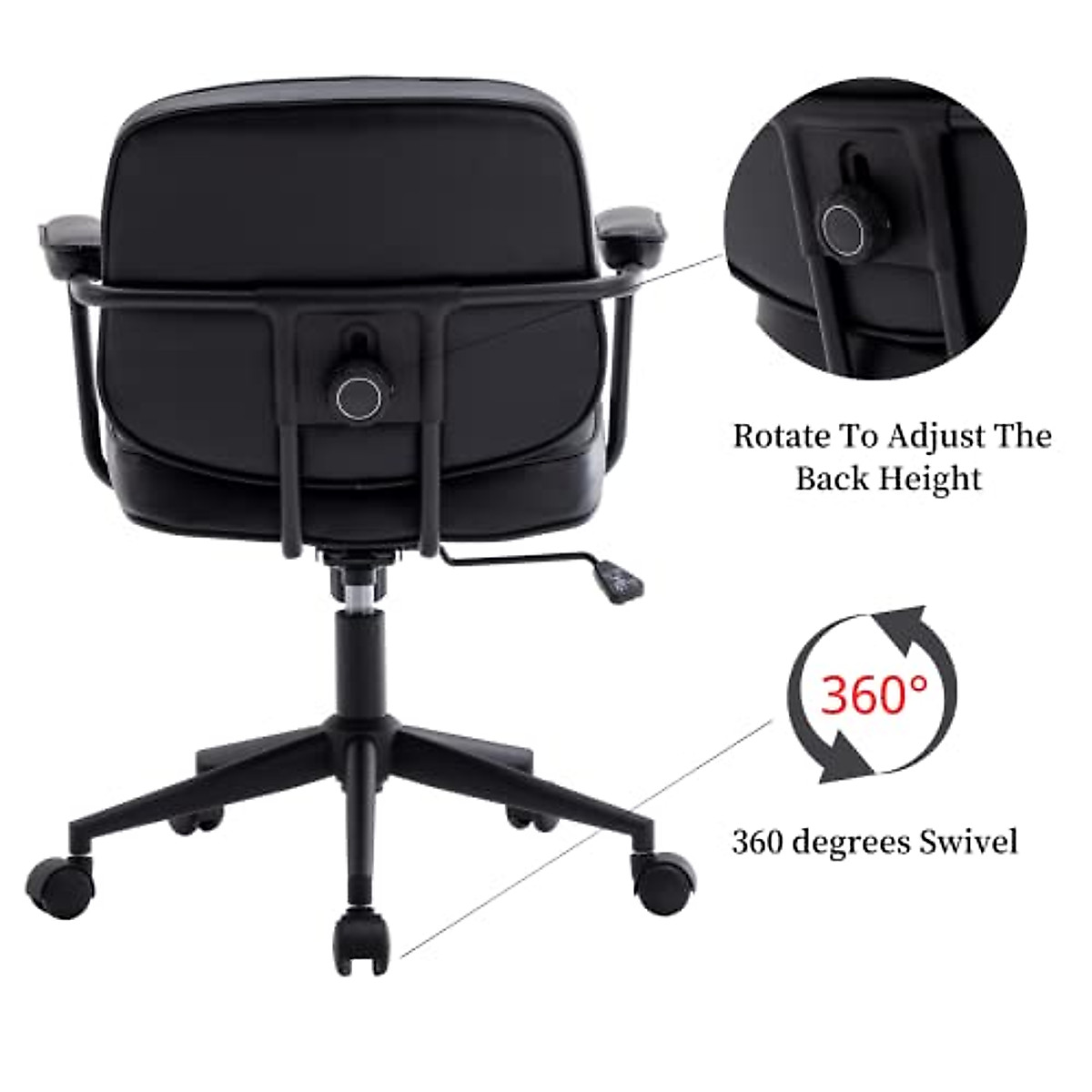 LukeAlon Adjustable Pu Leather Office Chair, Comfy 360° Swivel Task Chair with Armrest Modern Thickened Seat Desk Chair Tiltable Computer Chair with Button Tufted for Home Office, Black