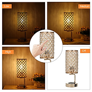 Neoglint Crystal Table Lamp - Gold Bedside Lamps with USB Port & Wireless Charger, Modern 3 Way Dimmable Nightstand Touch Lamps for Bedrooms Living Room(6W Bulb Included)
