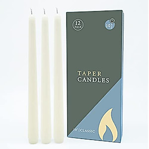 12 Pack Unscented Ivory Taper Candles - 10 Inch Tall Candle Sticks - Dripless Long Burning Candles for Dinner Table, Weddings, Home Decoration, Holidays - 10 Hour Burn Time