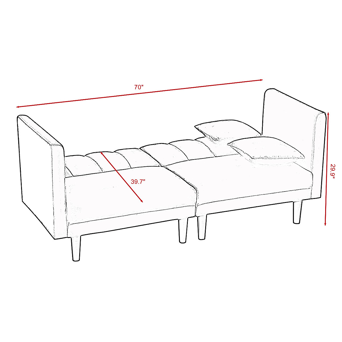 Lepfun Futon Bed Convertible Velvet, Modern Sleeper Sofa with 2 Pillows, 3 Adjustable Angles for Backrest, Living Room Couch with 7 Sturdy Metal Legs, Upholstered Loveseat for Home, Office, Black