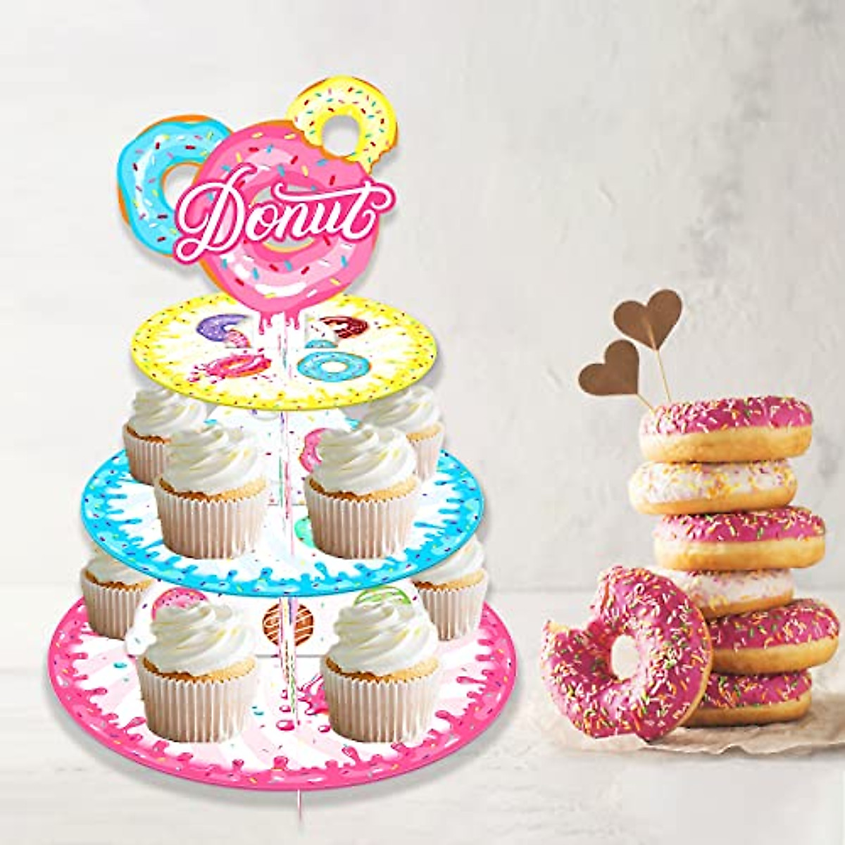 Donut Party Party Supplies-Donut Grow Up Theme 3 Tier Cupcake Stand Birthday Dessert Display Stand for Doughnut Happy Birthday Cake Decor