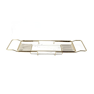 Metal Marble Bathtub Rack, Bathtub Caddy Tray Stainless Steel Shower Caddy Tray with Extending Sides, Bathroom Trays (Gold White)