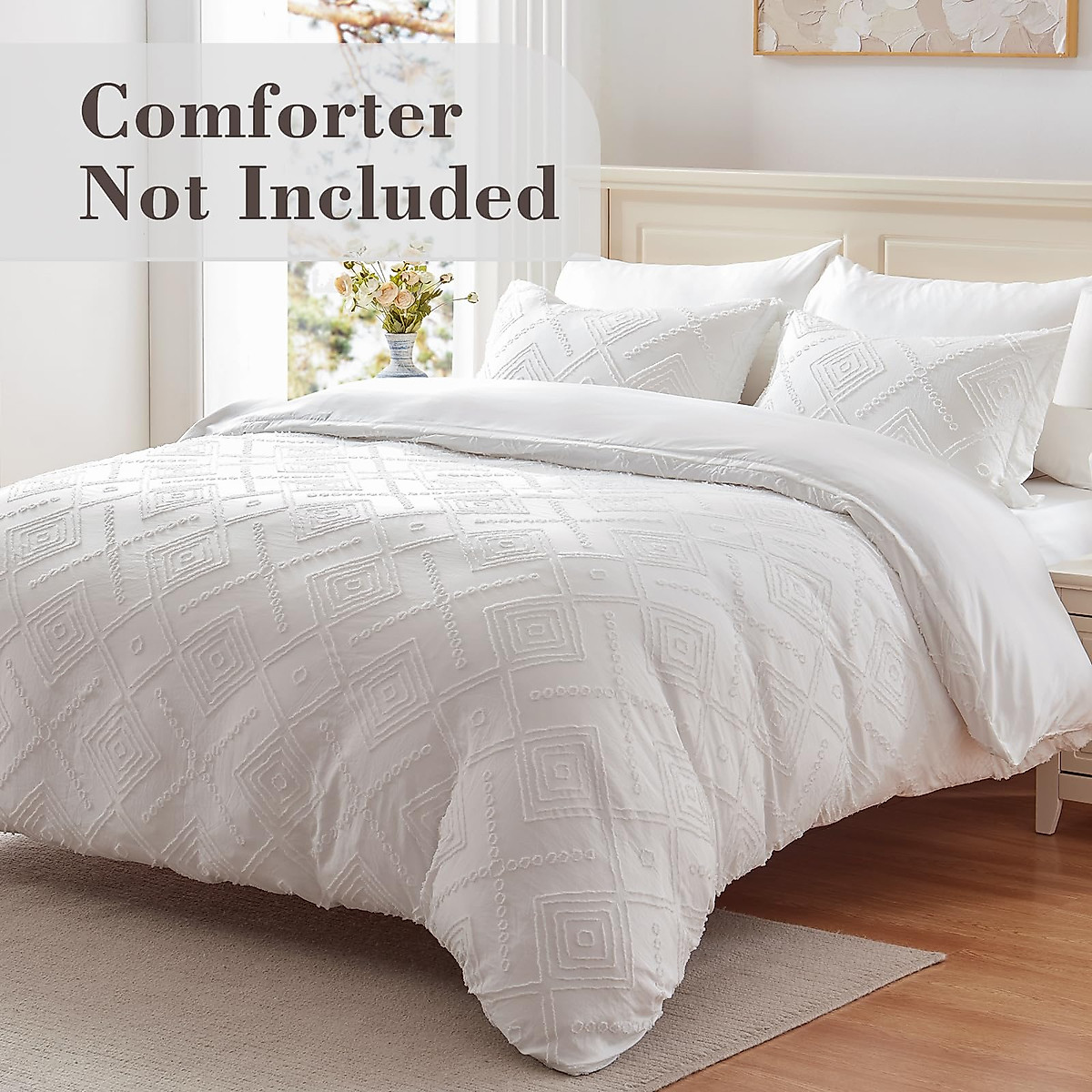 EMME White Duvet Cover Queen, Tufted Microfiber Comforter Cover Set, Textured Boho Bedding Sets Queen for All Seasons, 3 Pieces Duvet Cover Full, 1 Duvet Cover + 2 Pillowcases (White, Queen)