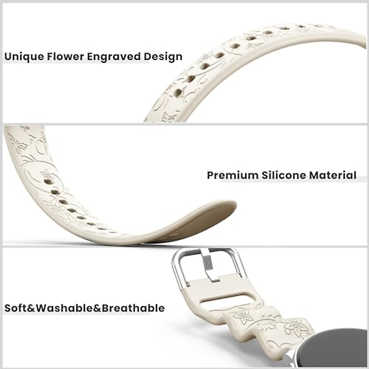 Floral Engraved Band Compatible with Samsung Galaxy Watch 6/5/4 40mm 44mm/Watch 5 Pro 45mm/Galaxy Watch 4 Classic 42mm 46mm/Active 40mm/Active 2 40mm 44mm/Galaxy Watch 3 41mm/Galaxy Watch 42mm Strap