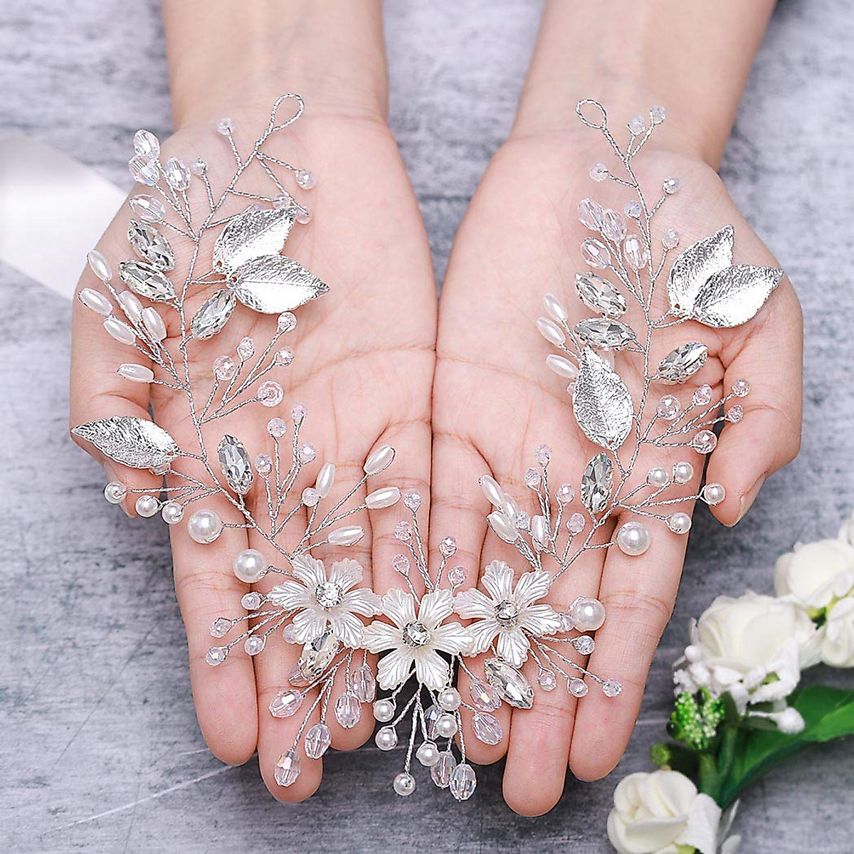 Unicra Bride Flower Wedding Hair Vine Leaf Silver Bridal Hair Piece Pearls Hair Accessories for Women and Girls