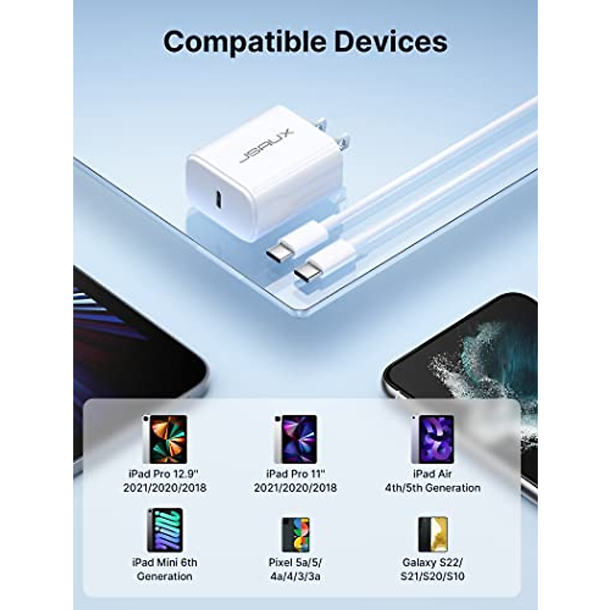 20W USB C Fast Charger Compatible with iPad Pro 12.9, iPad Pro 11 inch 2021/2020/2018, iPad Air 5th/4th 10.9 inch 2022/2020, iPad Mini 6, PD Wall Charger with 6.6FT USB C to C Charging Cable