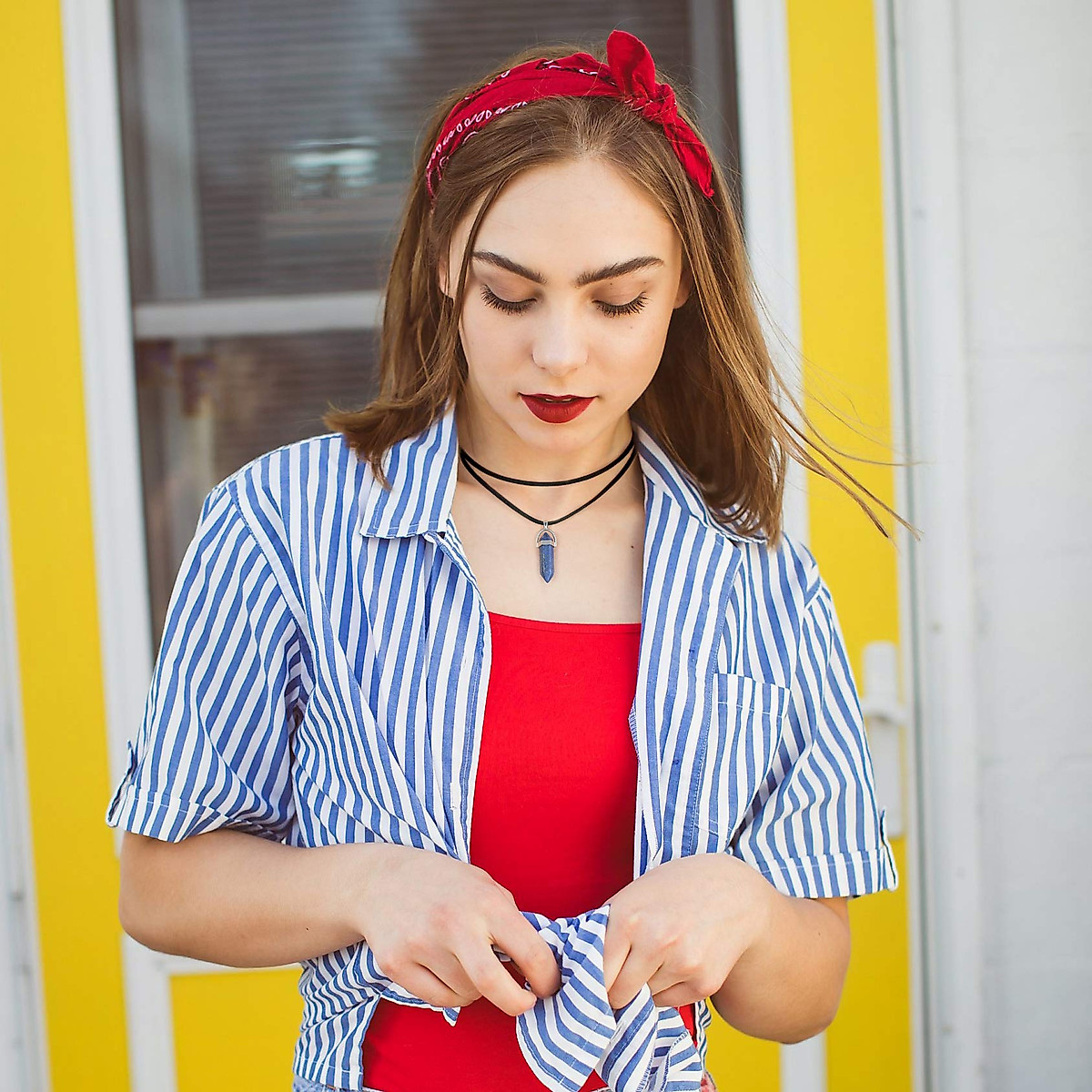 Aobei Pearl 5PCS Hexagonal Gemstone Pointed Reiki Chakra Pendant Necklace Genuine Leather Choker for Women 14''