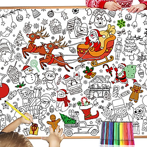 HOWAF Giant Christmas Coloring Poster with 24 Paint Pens, Jumbo Paper Coloring Banner or Tablecloth for Kids Indoor Arts and Crafts Activity, Coloring Table Cover Banner for Christmas Party Supplies