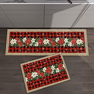 Poinsettia Flower Kitchen Mats Anti Fatigue 2 Piece, Kitchen Mats for Floor, Comfort Mat for Kitchen Floor, Non Skid Mats for Kitchen,Office,Sink,Oven,Laundry, Christmas Farmhouse Red Black Check