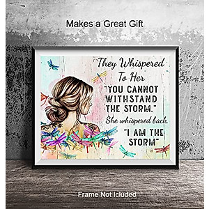 They Whispered to Her You Cannot Withstand The Storm - Boho Positive Motivational - Uplifting Encouragement Gifts for Women Teens BFF - Inspirational Quote Wall Art - Hippie Dragonfly Wall Decor Print