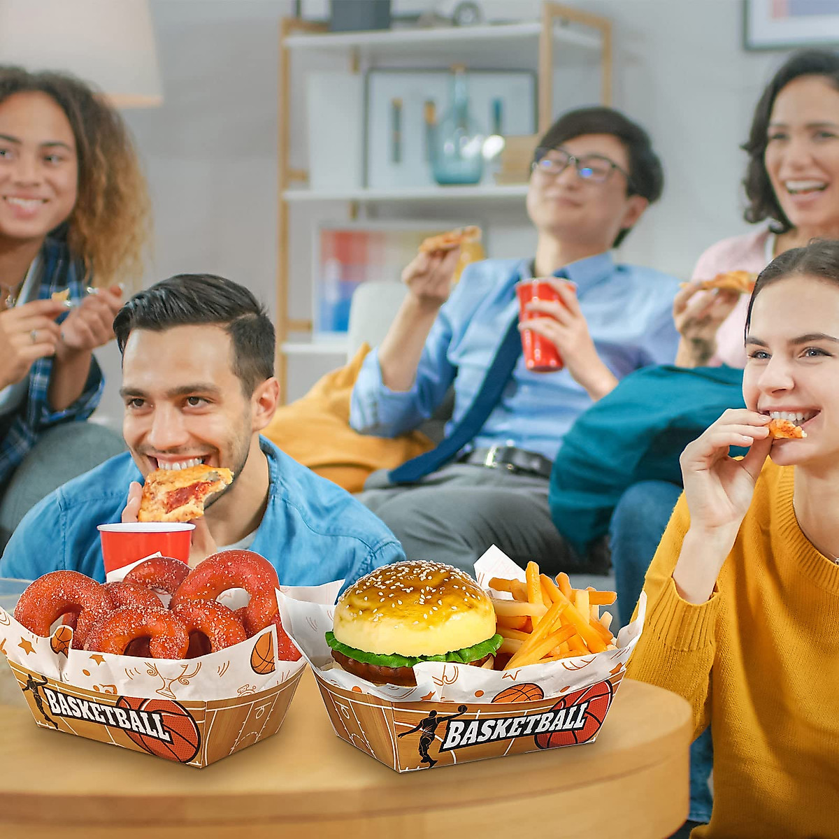 90 PCS Basketball Party Supplies 1.1lb 30 Basketball Paper Food Serving Tray Paper Food Holder Tray Disposable Paper Boat Paper Food Tray with 60 Deli Wrap Wax Paper Sheets for Basketball Party Favor