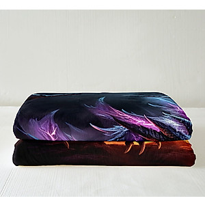 Black Dragon Throw Blanket for Couch Magic Animal Fleece Blanket, Magical World Sherpa Blanket Neon Purple Lightning Blanket, Fire Flames Bed Blanket Kids 3D Dragon Theme Bedroom Decorations