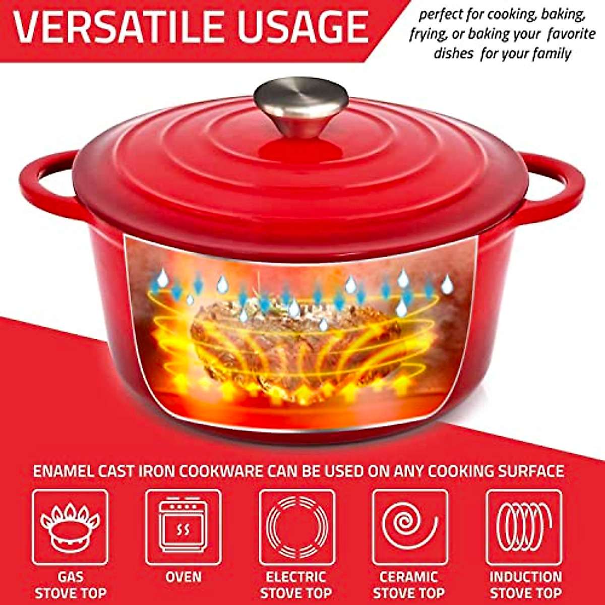 Hystrada Enameled Cast Iron Dutch Oven - 5qt Dutch Oven Pot with Lid and Steel Knob 500 degrees - Cookware for Gas, Electric & Ceramic Stoves - Red Enamel - Cooking & Baking