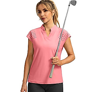 Soothfeel Women's Golf Shirt Cap Sleeve V Neck Polo Shirts Lightweight Quick Dry Workout Tennis Shirts Tops for Women(Light Orange, M)