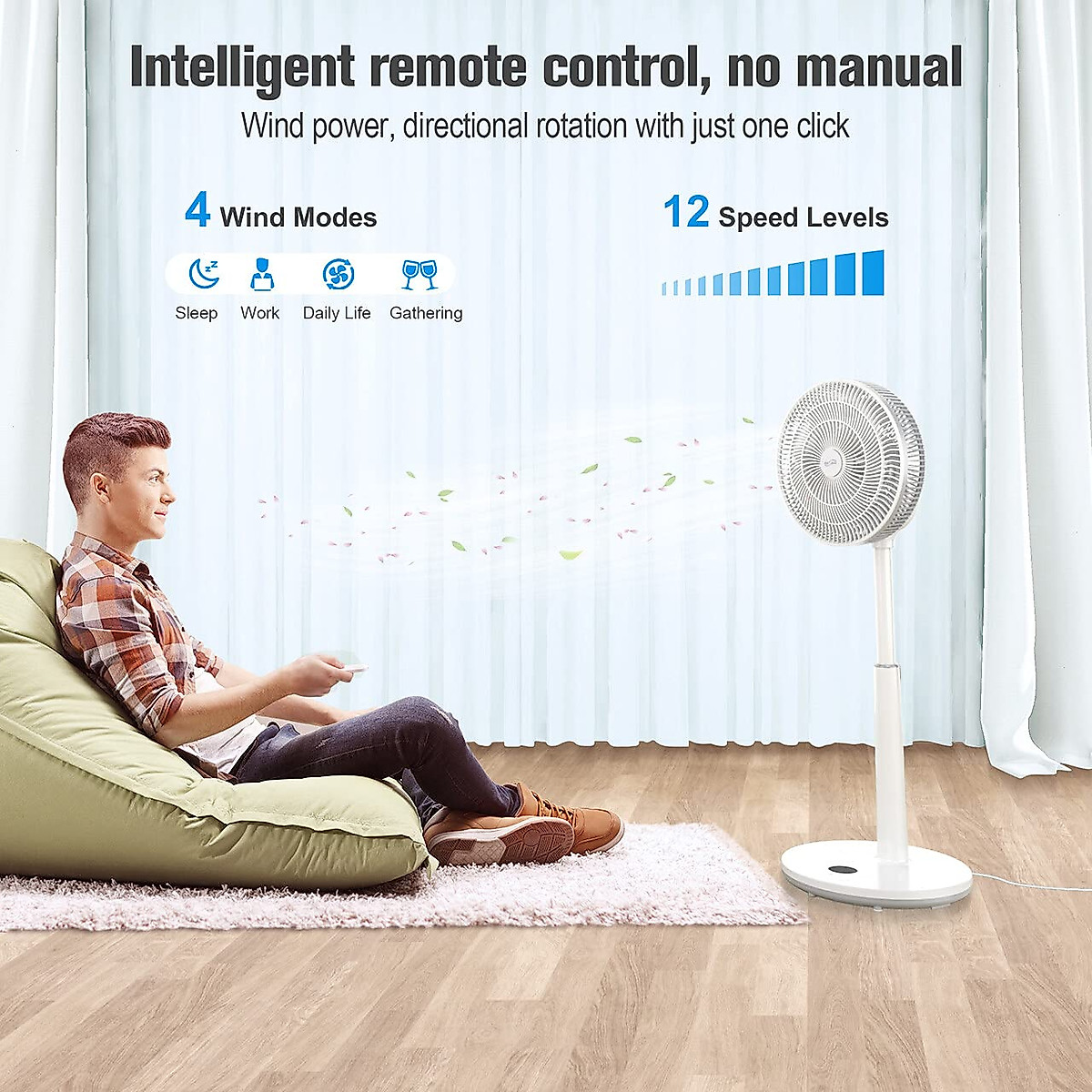 Housmile Oscillating Fan, 12 inch Quiet Standing Fan, Adjustable Height 3 Wind Modes 12 Speed and 9-Hour Timer Floor Fan with Remote, Pedestal Fan for Home Bedroom