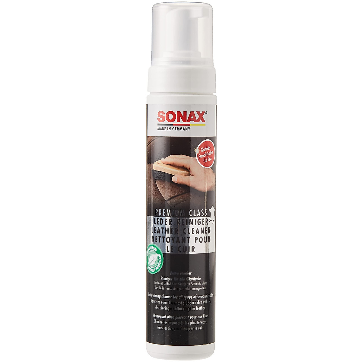 SONAX Premium Class Leather Cleaner | Powerful Foaming Formula for Deep Cleaning Smooth & Perforated Leather | Removes Stubborn Dirt, Stains & Blue Jean Transfer | Safe & Non-Drying | 281141 | 250ml