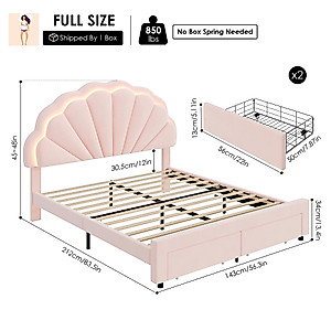 HIFIT Full Size Upholstered Smart LED Bed Frame with 2 Storage Drawers and Adjustable Chic Double Petal Headboard, Princess Platform Bed for Girls, Solid Wood Slats Support/No Box Spring Needed, Pink