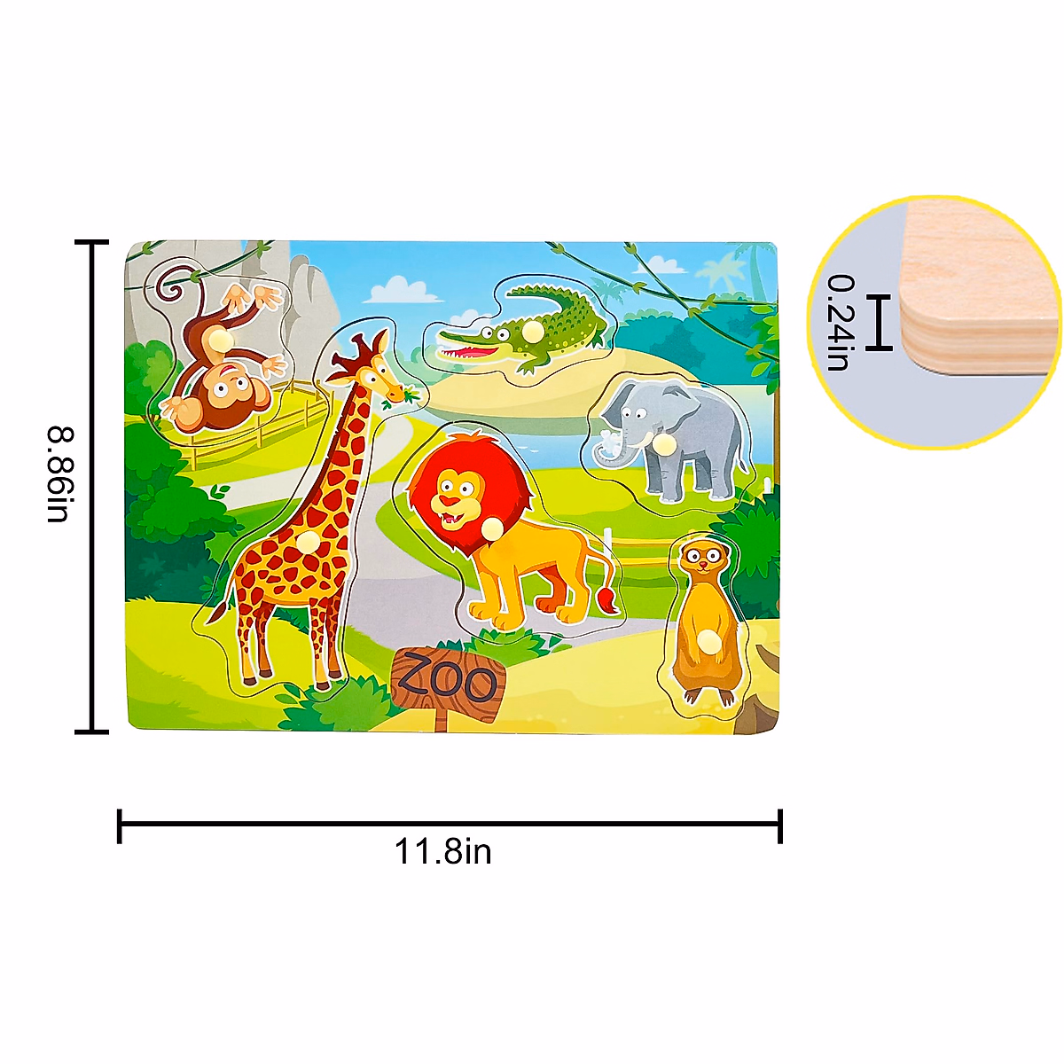 Wooden Peg Baby Puzzles, Full-Color Pictures Animal Shape Chunky Puzzle, Jumbo Knob Zoo Puzzle for Toddlers 18 Months and Up, 6Pieces