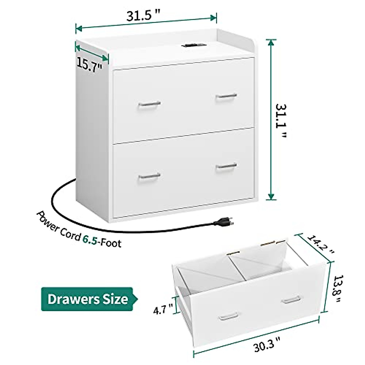 YITAHOME 2 Drawer File Cabinet with Charging Station, Large Lateral Filing Cabinet for Home Office, Whit