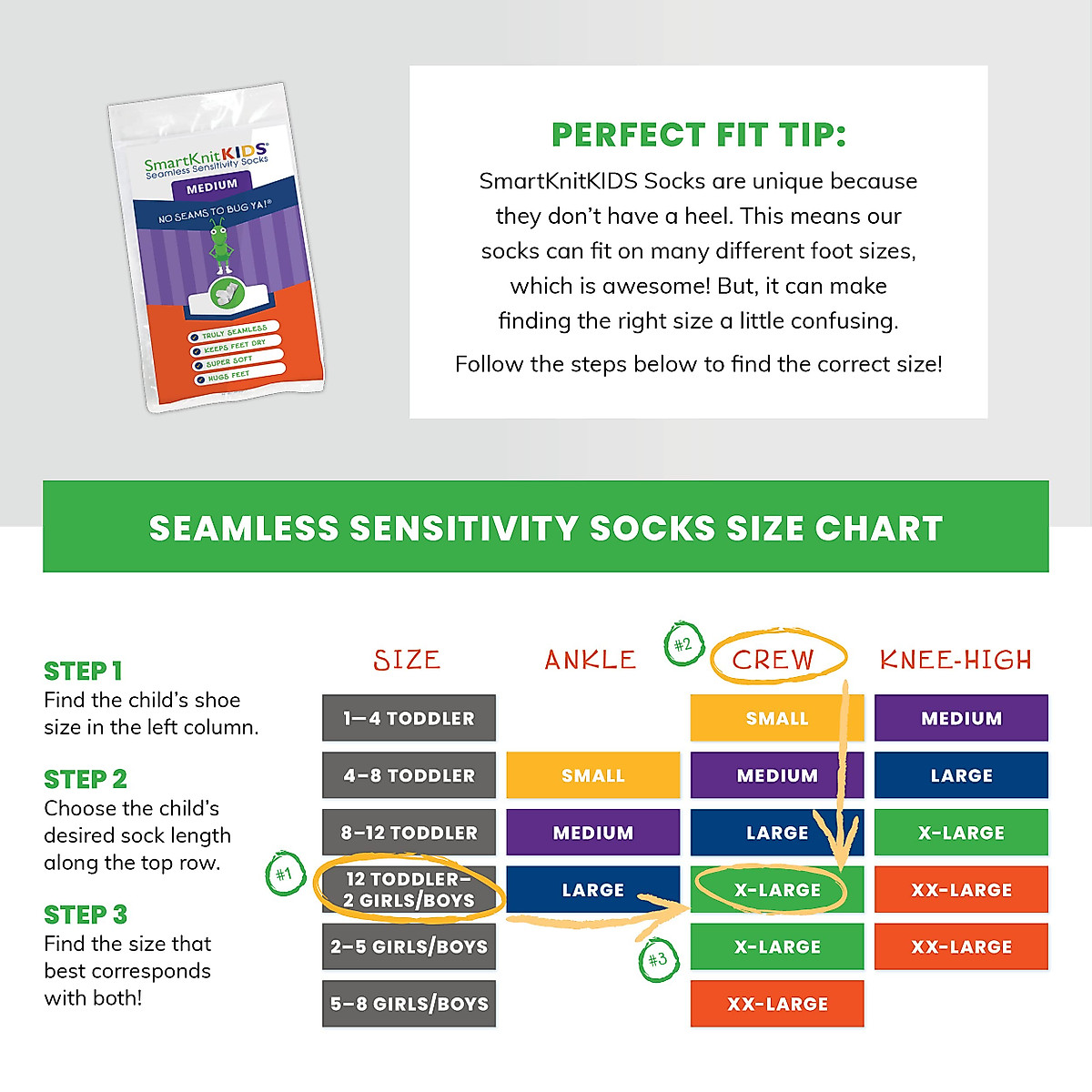 SmartKnitKIDS Sensory-Friendly Sensitivity Seamless Socks - 3 Pack (Black, X-Large)
