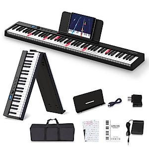 KONIX Folding Piano Keyboard, 88 Keys Full Size Semi-Weighted Foldable Piano, Portable Electric Keyboard Piano with Light Up Key, Sustain Pedal, Piano Stickers, Sheet Music Stand and Piano Bag, Black