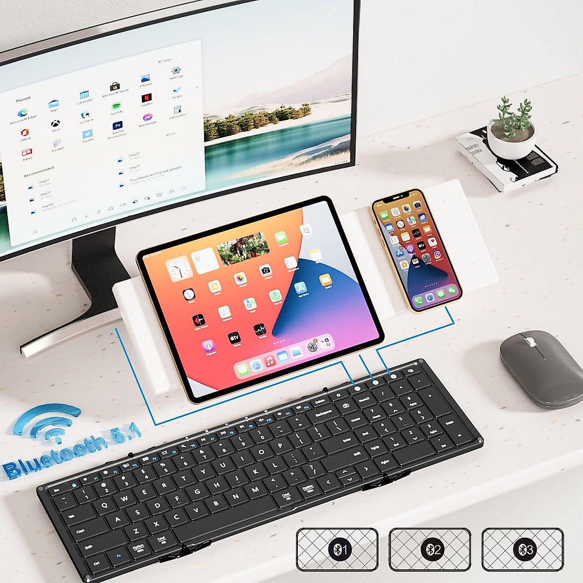 Gimibox Foldable Bluetooth Keyboard, GB320 Full Size Wireless Keyboard with Numeric Keypad, Portable Travel Keyboard for Windows iOS Android Tablets and Smartphones,Sync Up to 3 Devices(Black)