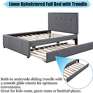 CITYNIGHT Upholstered Full Size Platform Bed with Headboard and Trundle,Linen Wood Full Trundle Bed Frame for Kids Teens,No Box Spring Needed (Full,Grey+Trundle)