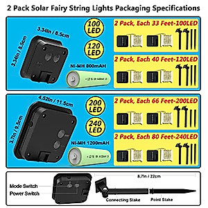 JosMega 2 Pack Solar Powered Fairy String Lights Outdoor Waterproof 8 Modes Twinkle Christmas Decorations Lights, Each 33ft-100LED, 40ft-120LED, 66ft-200LED, 80ft-240LED, (White, 33)