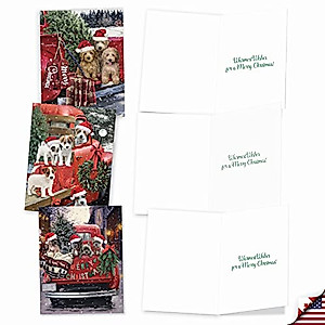 NobleWorks Variety Pack of 20 Christmas Greeting Cards with Envelopes, Humor Holiday Assortment for Men and Women (10 Designs, 2 Each) - Red Truck Puppies AM3375XSG-B2x10