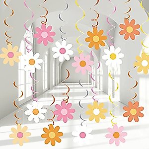 60pcs Daisy Flower Hanging Swirls Colorful Daisy Foil Swirls Ceiling Hanging Decor Daisy Flower Cutouts Party Supplies for Boho Hippie Groovy Retro Themed Birthday Baby Shower Party Decorations Favor