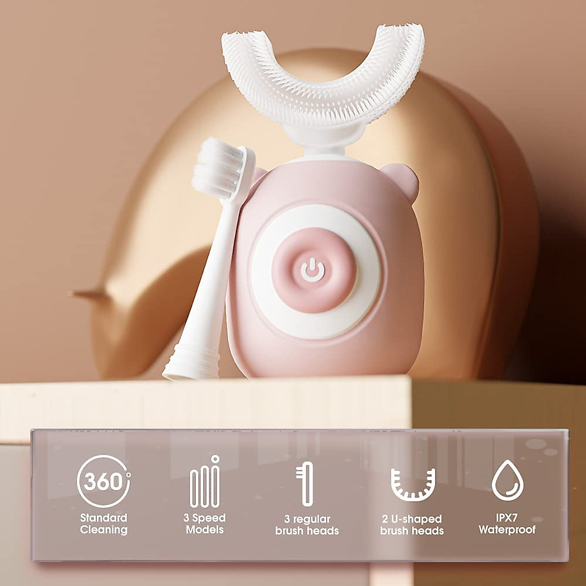 lululike Kids Electric U Shaped Toothbrush, Whole Mouth Toddler Electric Toothbrush, 360 Ultrasonic Automatic Toddler Toothbrush, Age 2-12 Pink, 3 Soft Bristles and 2 U Shaped Heads