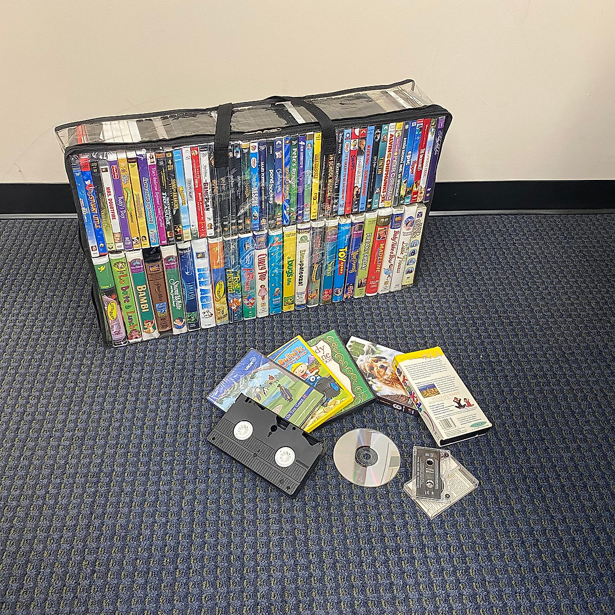 Evelots 4 Pack-VHS Movie Tape Storage Bag/Case, Clear PVC Plastic-Holds 200 Total, Strong Handles-No Dirt/Moisture/Dust