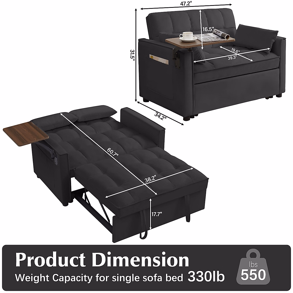 SPOWAY 3 in 1 Sleeper Sofa Couch Bed, Modern Velvet Convertible Sofa Bed with Adjustable Backrest & 2 Pillows, Hidden Side Table, Pull-Out Sofa Bed for Living Room Bedroom, Black