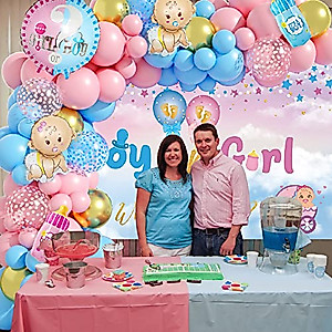 Gender Reveal Decorations Pastel Blue Pink Balloon Garland Arch Kit with Boy or Girl What do You Think Banner Backdrop Boy Girl Foil Mylar Balloons Gender Reveal Party Supplies