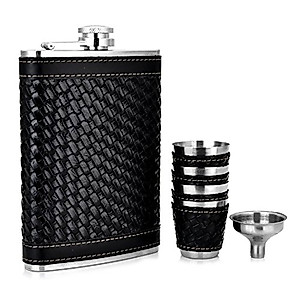 GENNISSY 9OZ Black Hip Flask Set - Woven PU Leather and Stainless Steel With Funnel and 4 Cups…