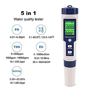 Water Quality Tester, EZ-9909 5 in 1 Function Water Quality Testing Meter PH Salinity TDS EC Tester with Backlight for Aquaculture, Drinking Water, Swimming Pool