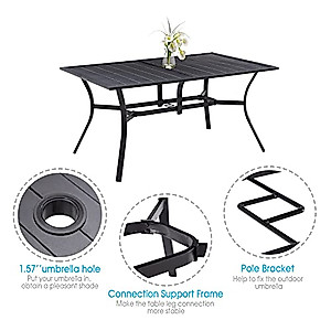 VICLLAX Outdoor Patio Table for 6 Person, 59" x 38" Rectangle Outdoor Dining Table, Patio Metal Steel Slat Table with Umbrella Hole for Lawn Garden