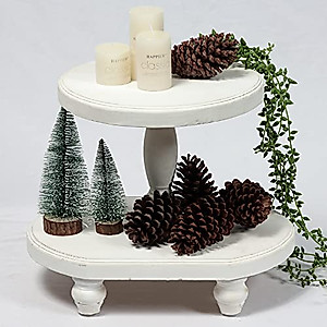 Farmhouse Two Tiered Stand, Round Rustic Wood Two Tiered Tray, Wooden Cake Stand Kitchen Tiered Tray, Decor Serving Tray for Coffee Bar, Kitchen Counter, Dining Room Table (White)