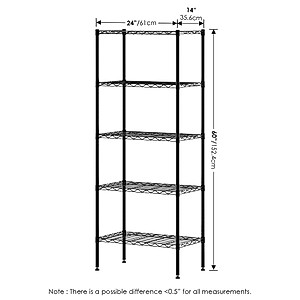 Furinno Wayar 5-Tier Metal Storage Shelf Rack, 24 x 14 x 60, Black