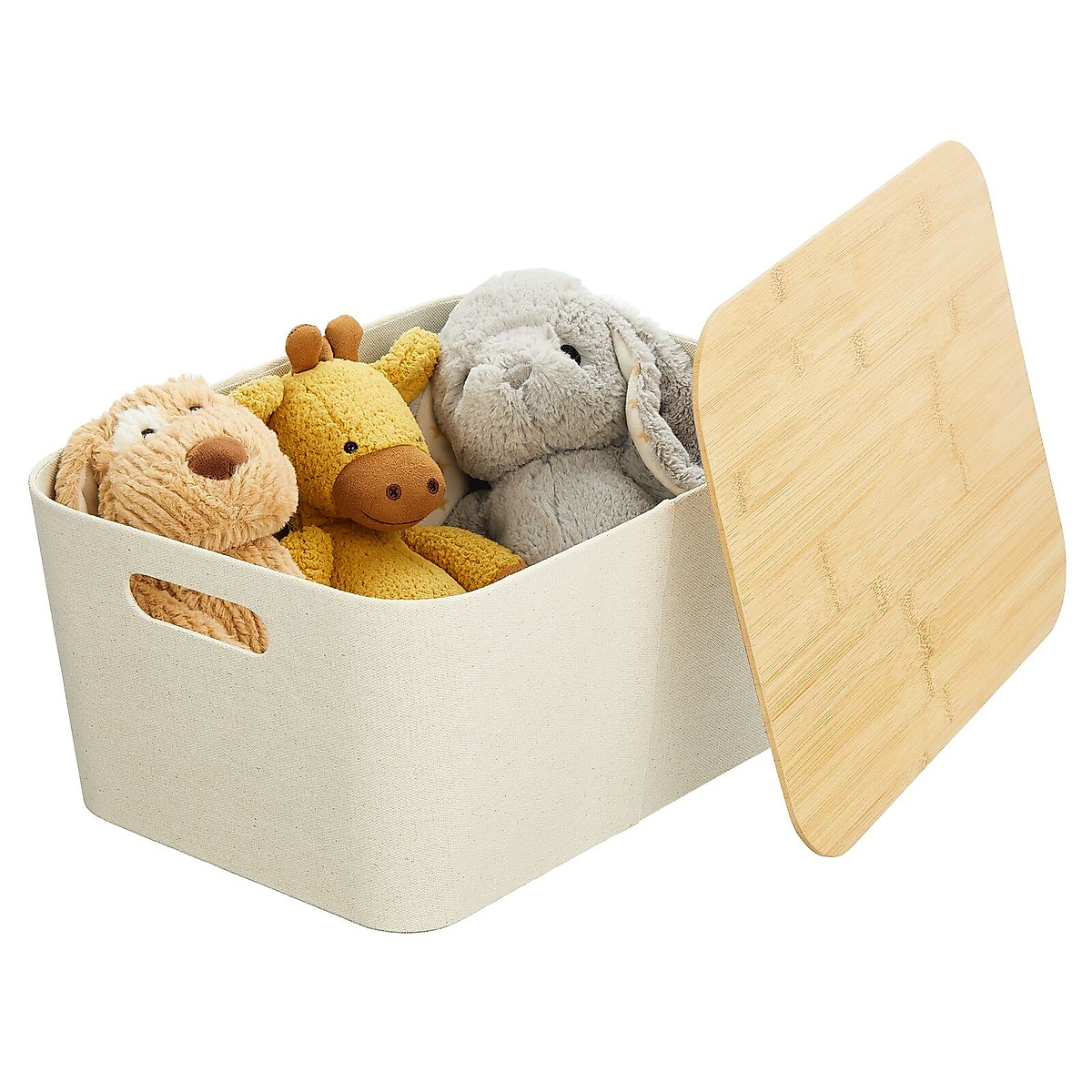 mDesign Modern Fabric Covered Basket with Lid - Stacking Decorative Storage Bin Box with Bamboo Cover for Closet, Living Room, Kitchen, Office Shelf - Holders for Clothing/Accessories, 4 Pack, Cream