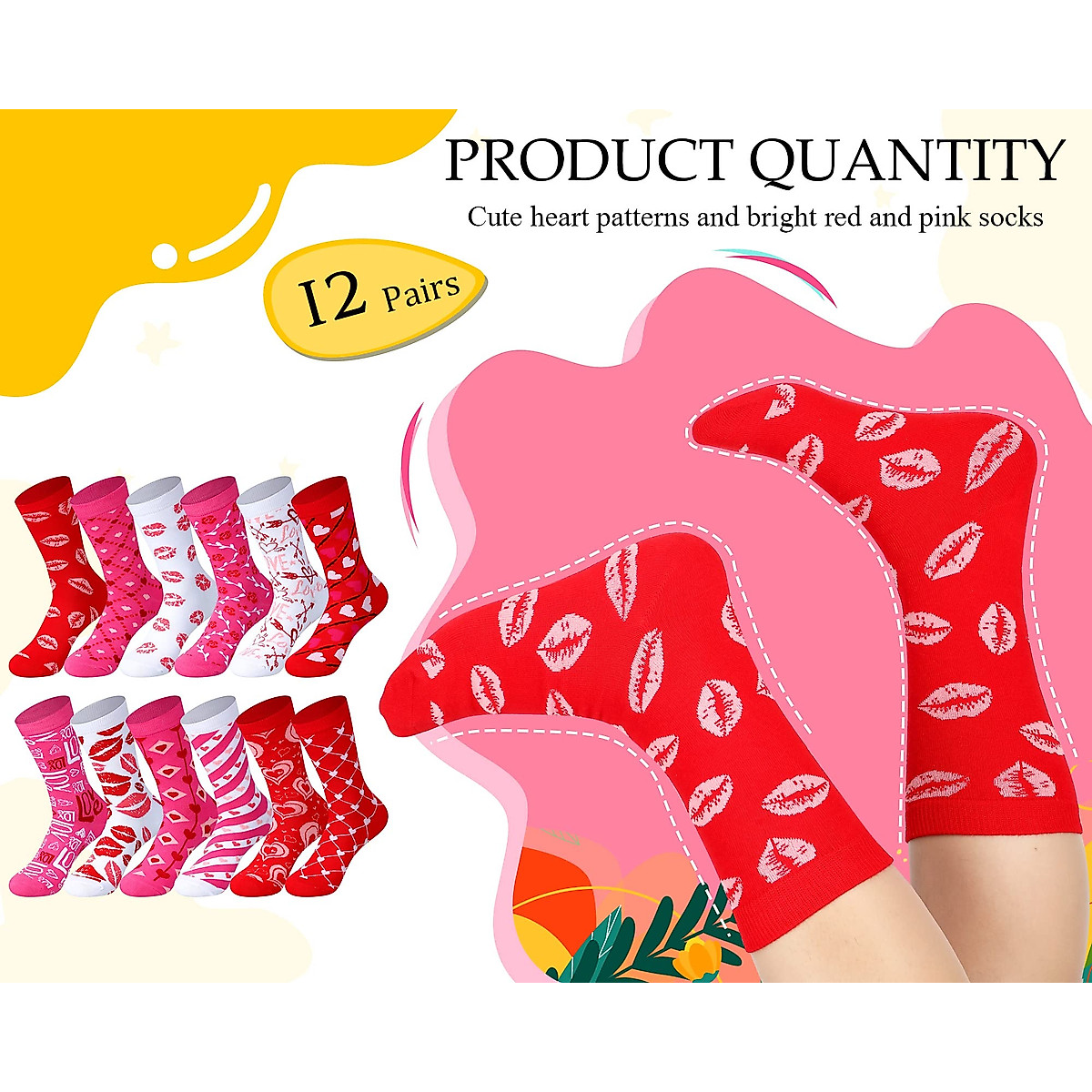 Jeyiour 12 Pairs Socks Bulk Seasonal Holiday Crew Socks Colorful Fancy Soft Stretchy Novelty Design Heart Socks for Women Girls
