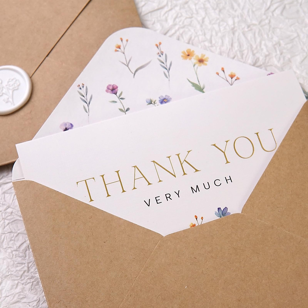 Liheheca Wildflower Thank You Cards with Envelopes,24 Pack Bulk,4x6 Inch,Kraft Envelopes,Wax Seal Stickers,Flower Greeting Cards for Baby Shower,Bridal Shower