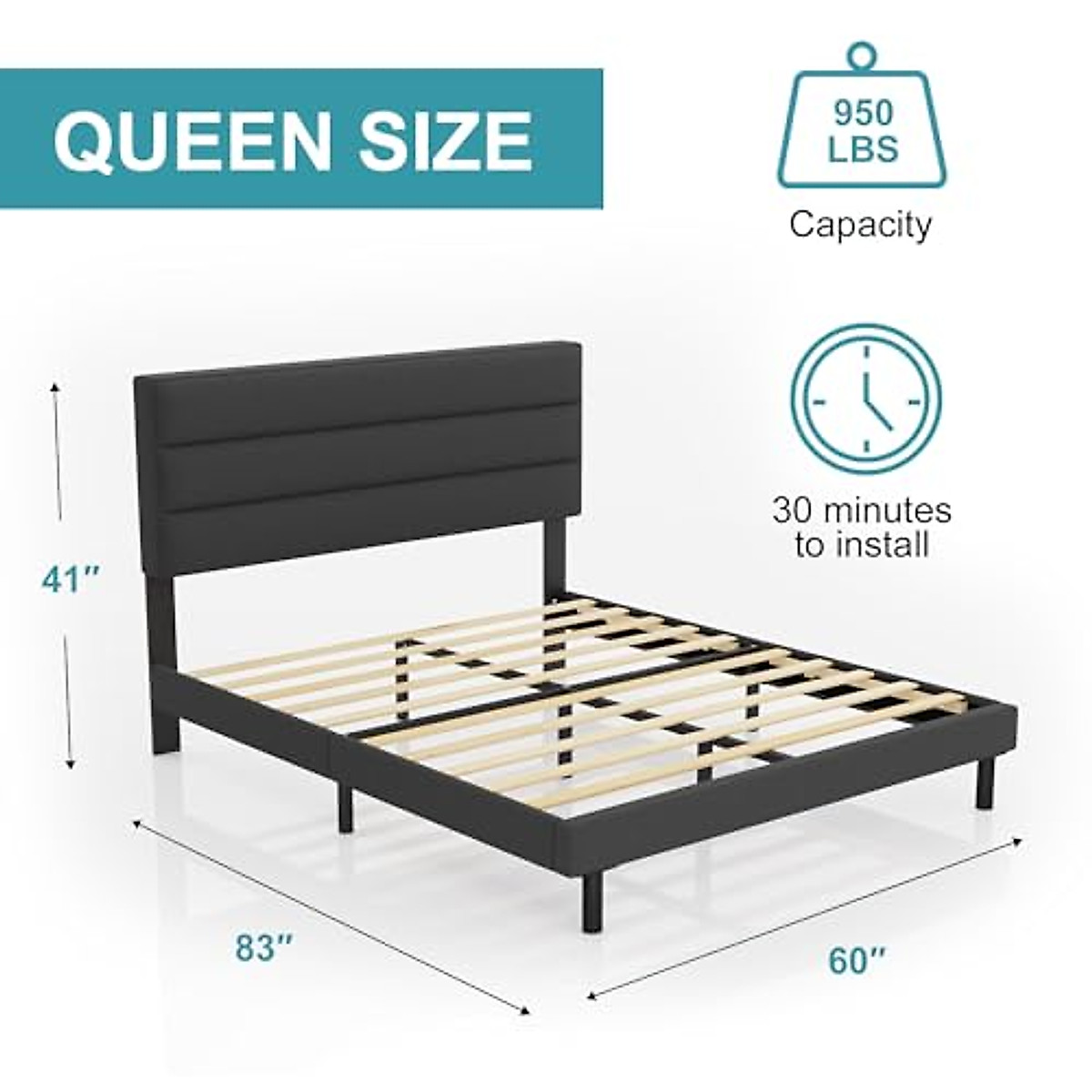 IYEE NATURE Queen Bed Upholstered Platform with Headboard and Strong Wooden Slats, Strong Weight Capacity, Non-Slip No Box Spring Needed, Easy Assembly,Dark Gray
