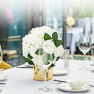 MEOKEY 25pcs Artificial Rose Flowers, Ivory Foam Fake Roses with Stems for DIY Wedding Bouquets White Bridal Shower Centerpieces Arrangements Party Tables Decorations