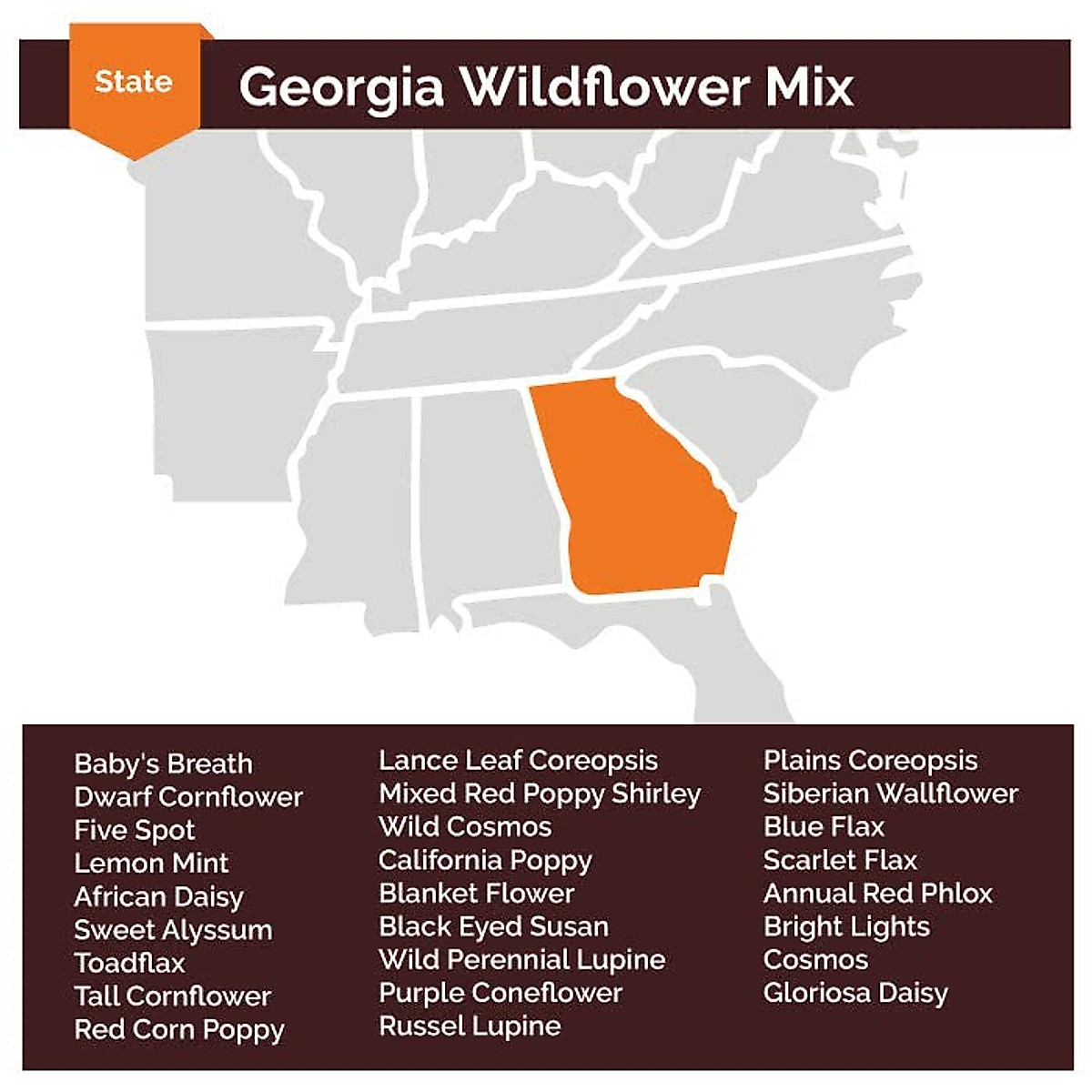 Georgia Wildflower Seed Mix - 5 Pounds - Mixed Wildflower Seeds, Attracts Bees, Attracts Butterflies, Attracts Hummingbirds, Attracts Pollinators, Easy to Grow & Maintain, Cut Flower Garden